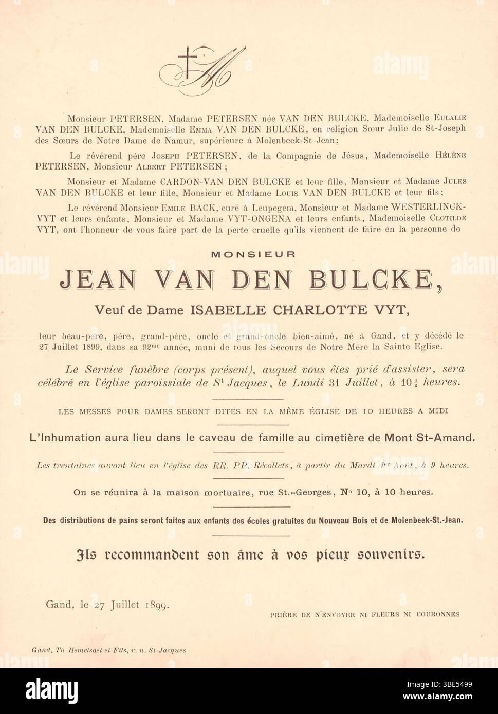 Jean Van den Bulcke (Gent 1807-1899) Doodsbrief Stock Photo - Alamy