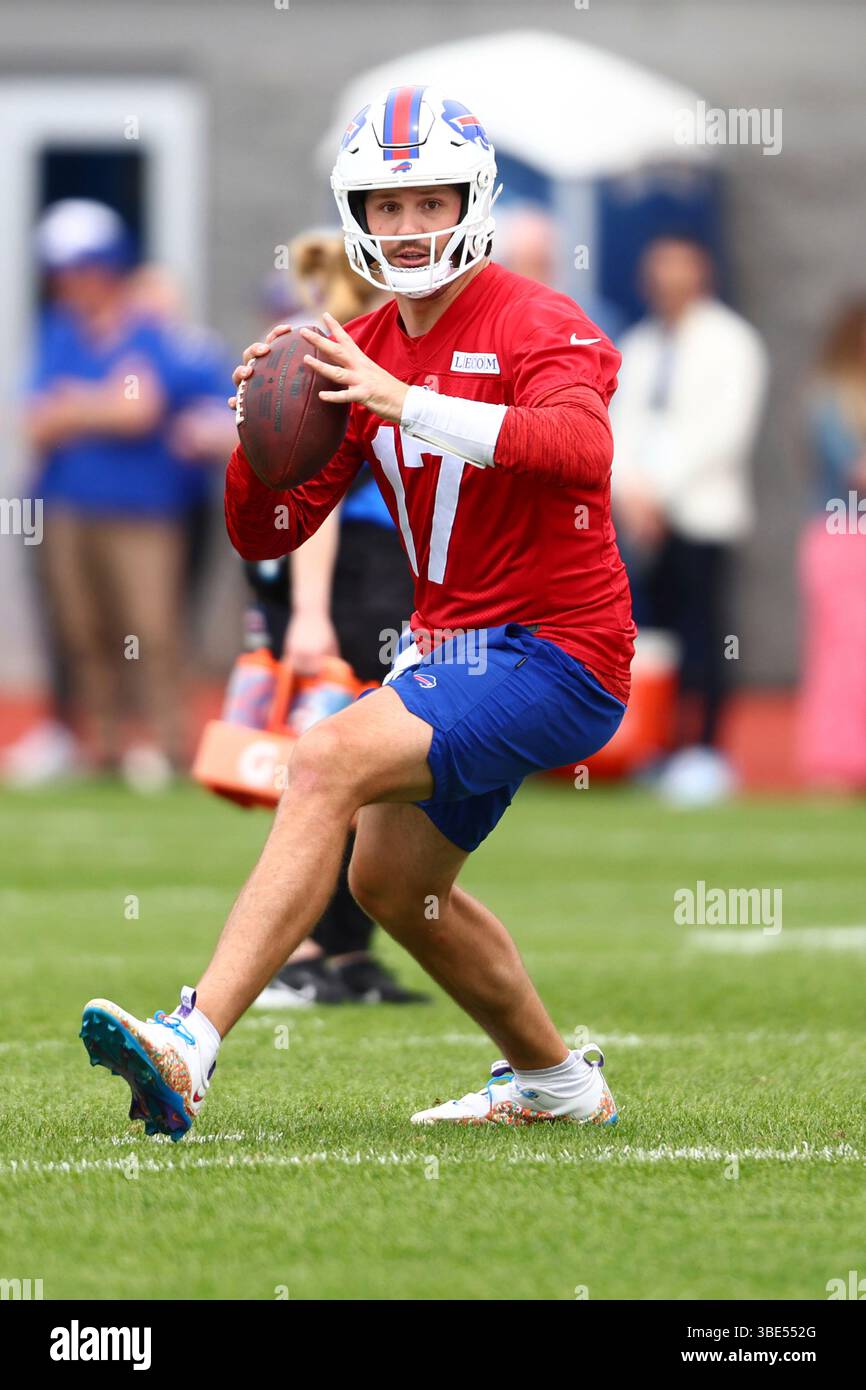 Buffalo Bills quarterback Josh Allen (17) looks to pass the ball during NFL football practice in ...