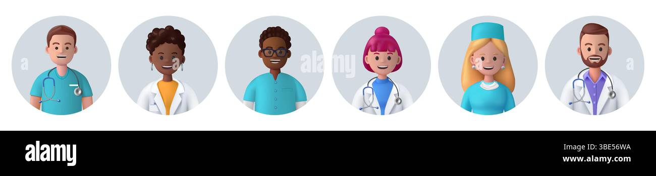 3d doctor icons. Pharmacist, cure smiling medical nurse or avatar or ...