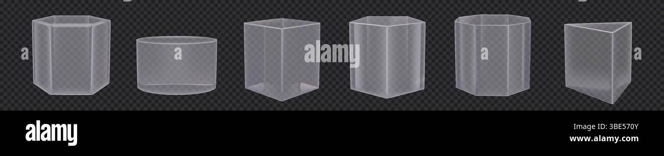 Transparent podium. 3D glass cylinder, hexagon platform base or png box. Crystal shelf ...