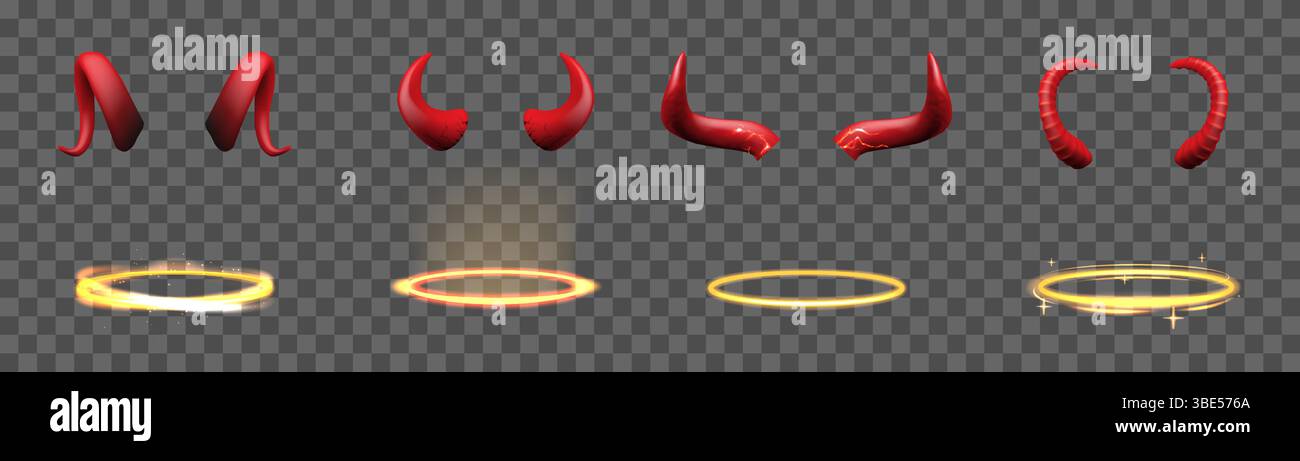 Angel halo and devil horn. 3d gold ring, red demon evil saint aureole ...