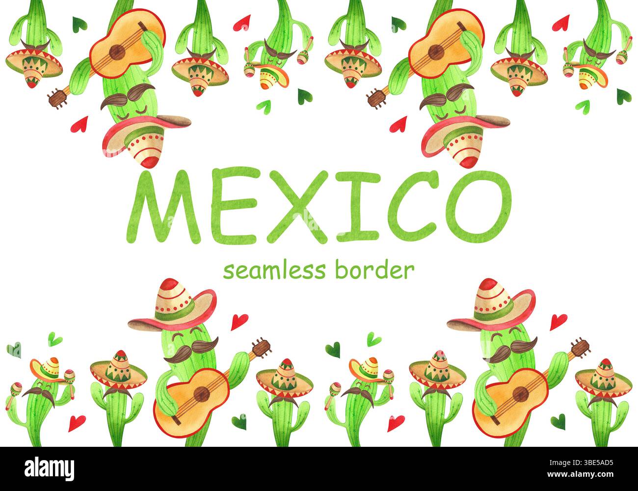 Watercolor seamless border with cute cartoon cacti with guitar and ...