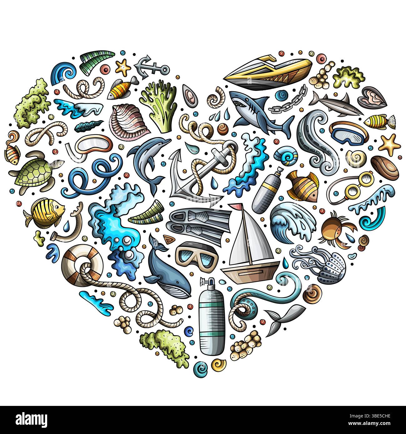 Colorful vector set of Diving cartoon doodle objects, symbols and items ...