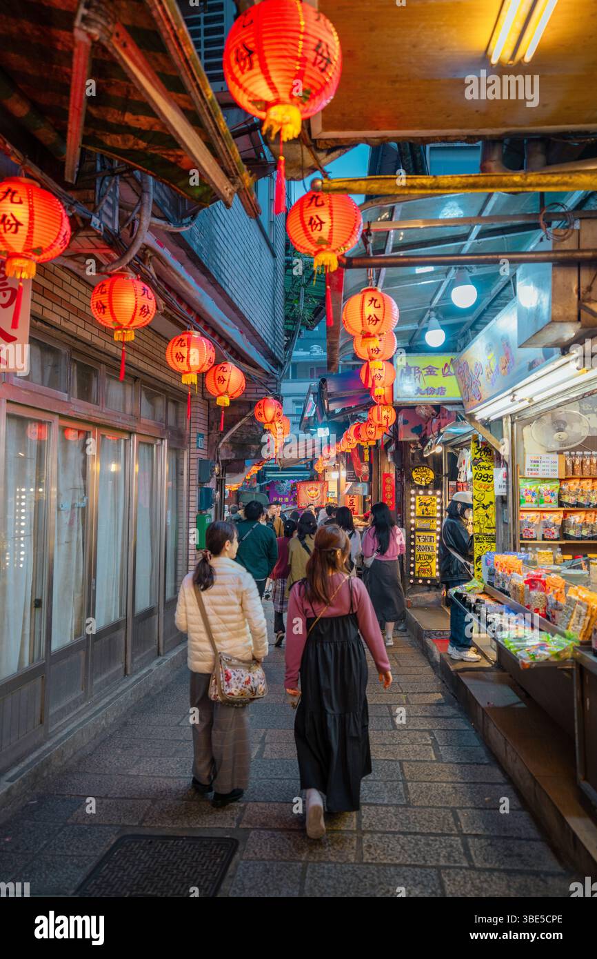 High-resolution image of Jiufen at night, a historic mountain village ...