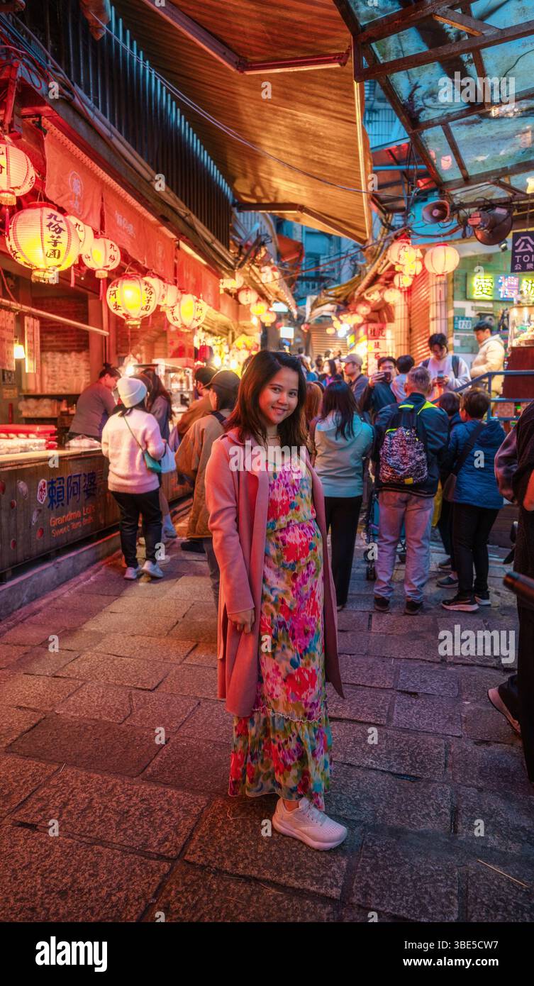 High-resolution image of Jiufen at night, a historic mountain village ...