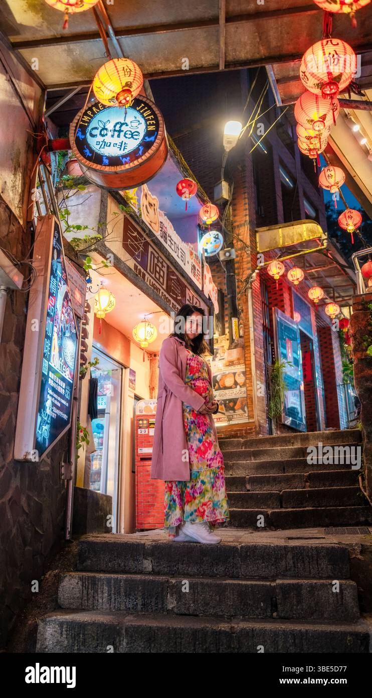 High-resolution image of Jiufen at night, a historic mountain village ...