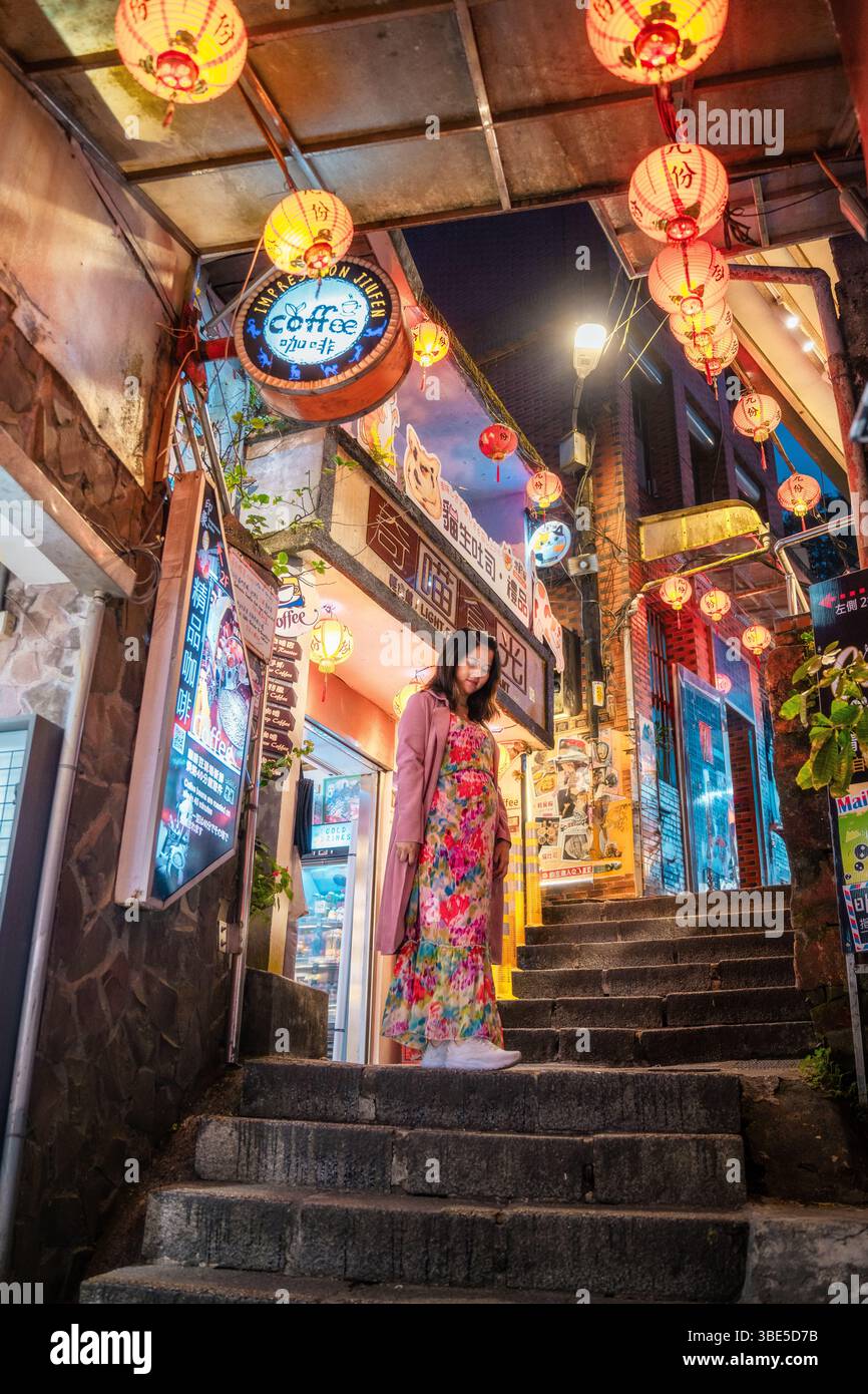 High-resolution image of Jiufen at night, a historic mountain village ...