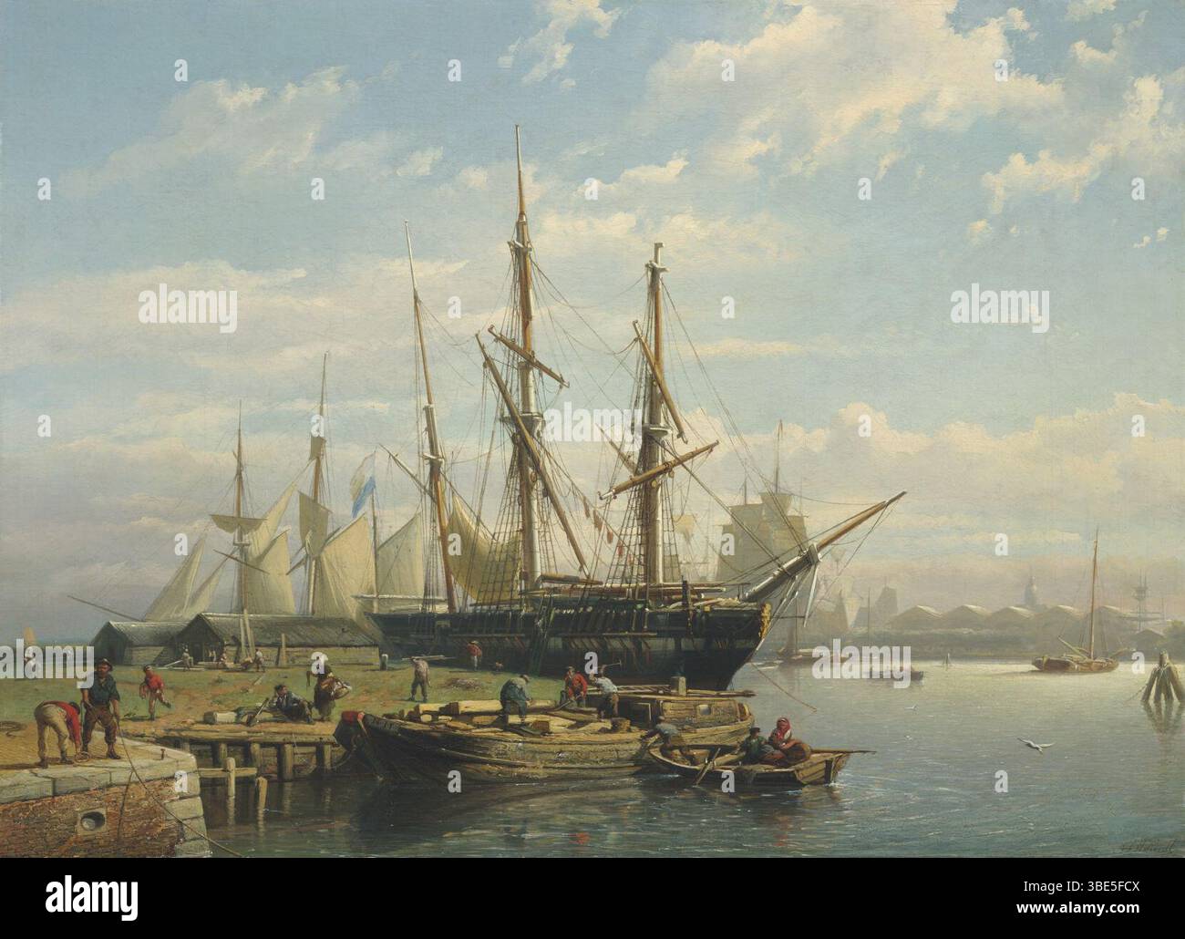 Johan adolph rust dutch sailing ships at anchor in a river ...