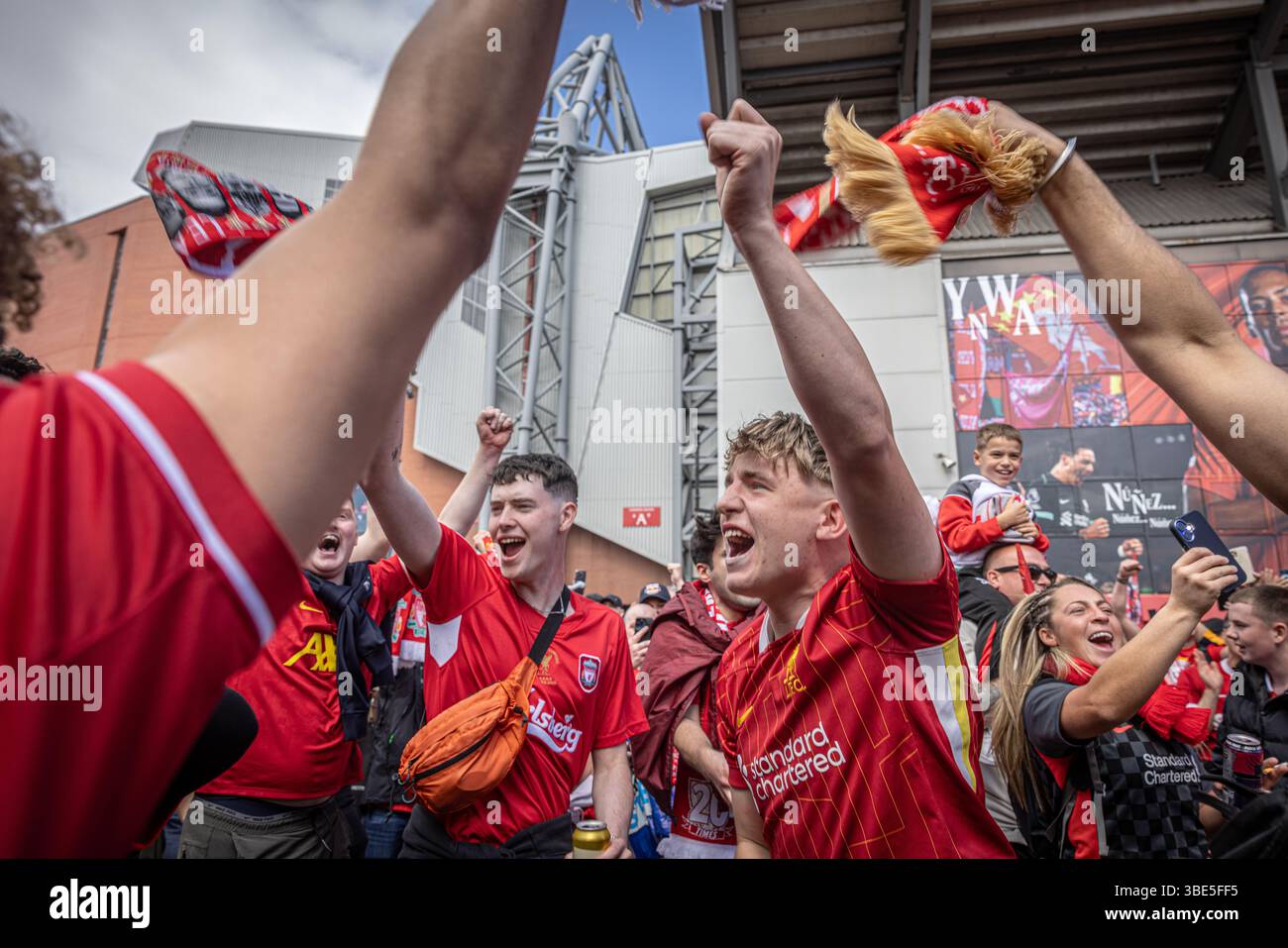 Liverpool fans celebrate winning the Premier League title outside ...