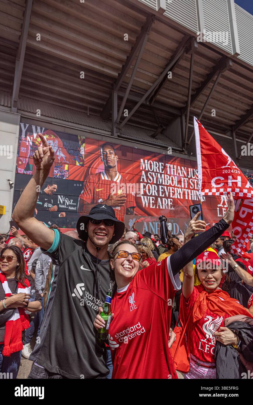 Liverpool fans celebrate winning the Premier League title outside ...