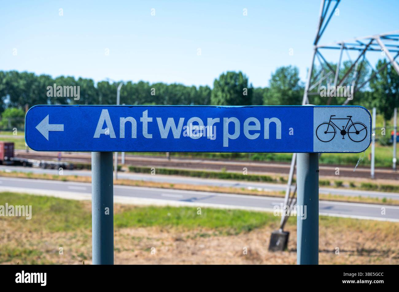 Direction sign to the bicycle road to Antwerp in Melsele, Beveren, East ...