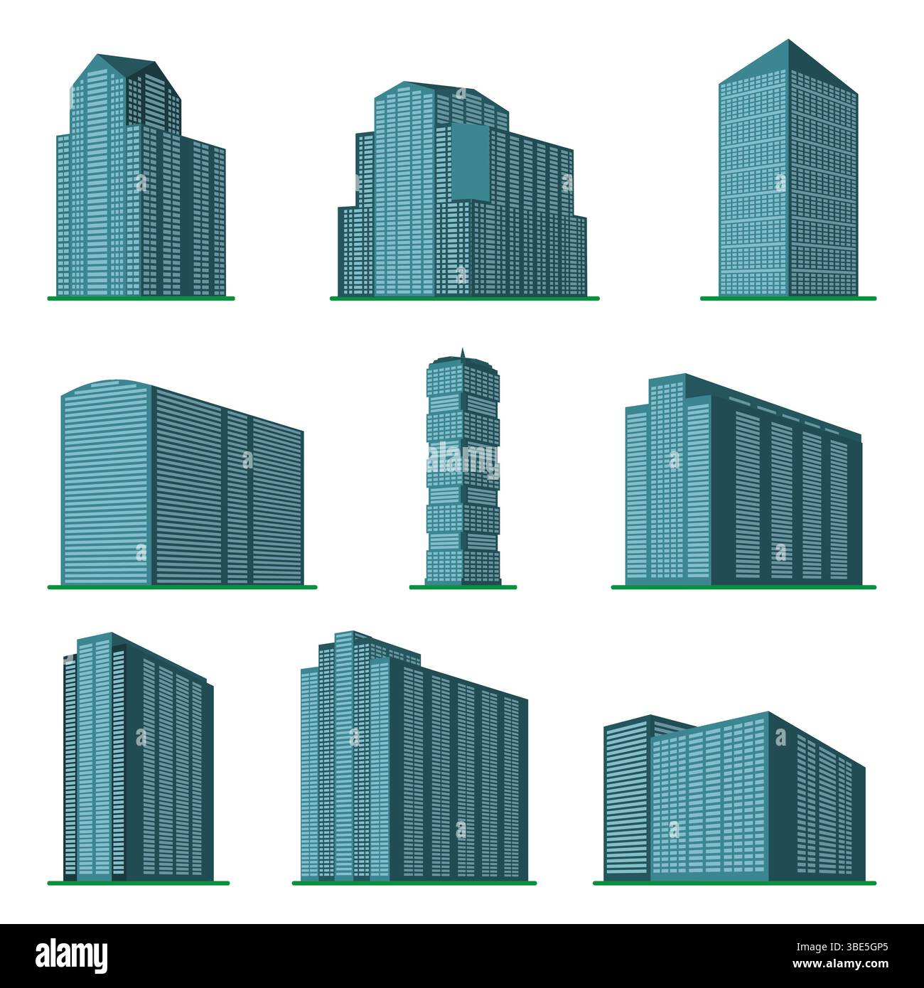 Set of nine modern high-rise building on a white background. View of ...