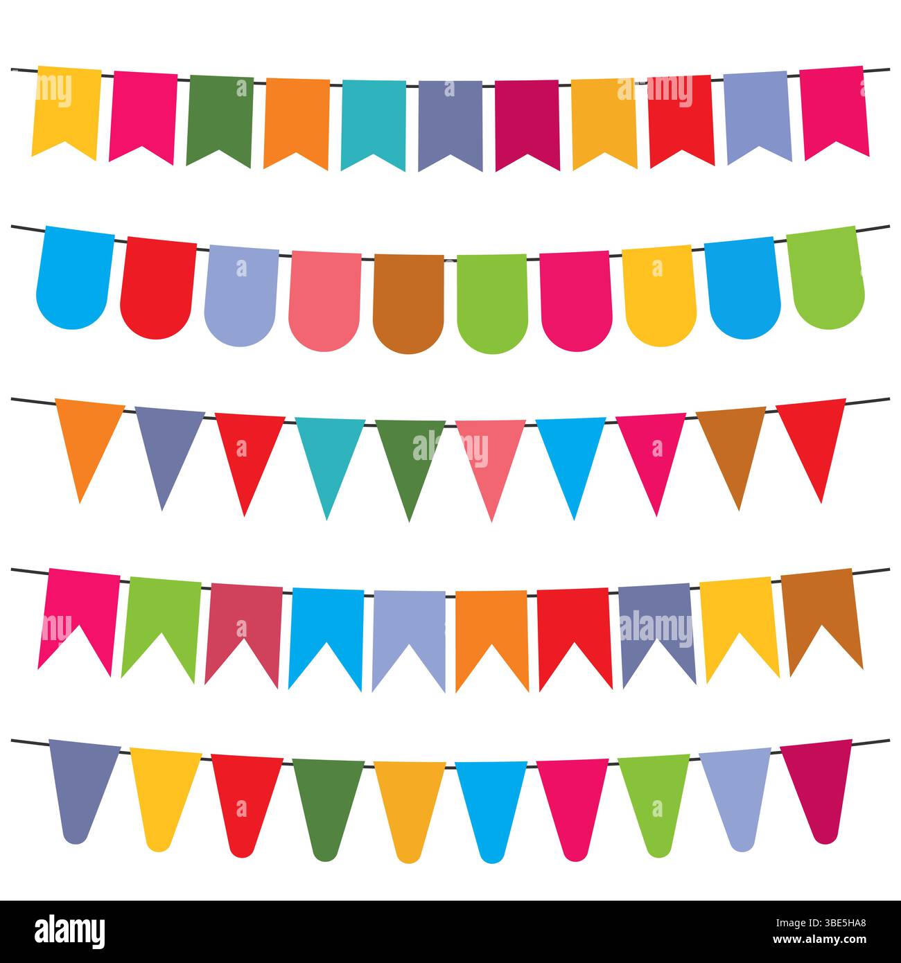Colorful flags and bunting garlands for decoration. Decor elements with ...