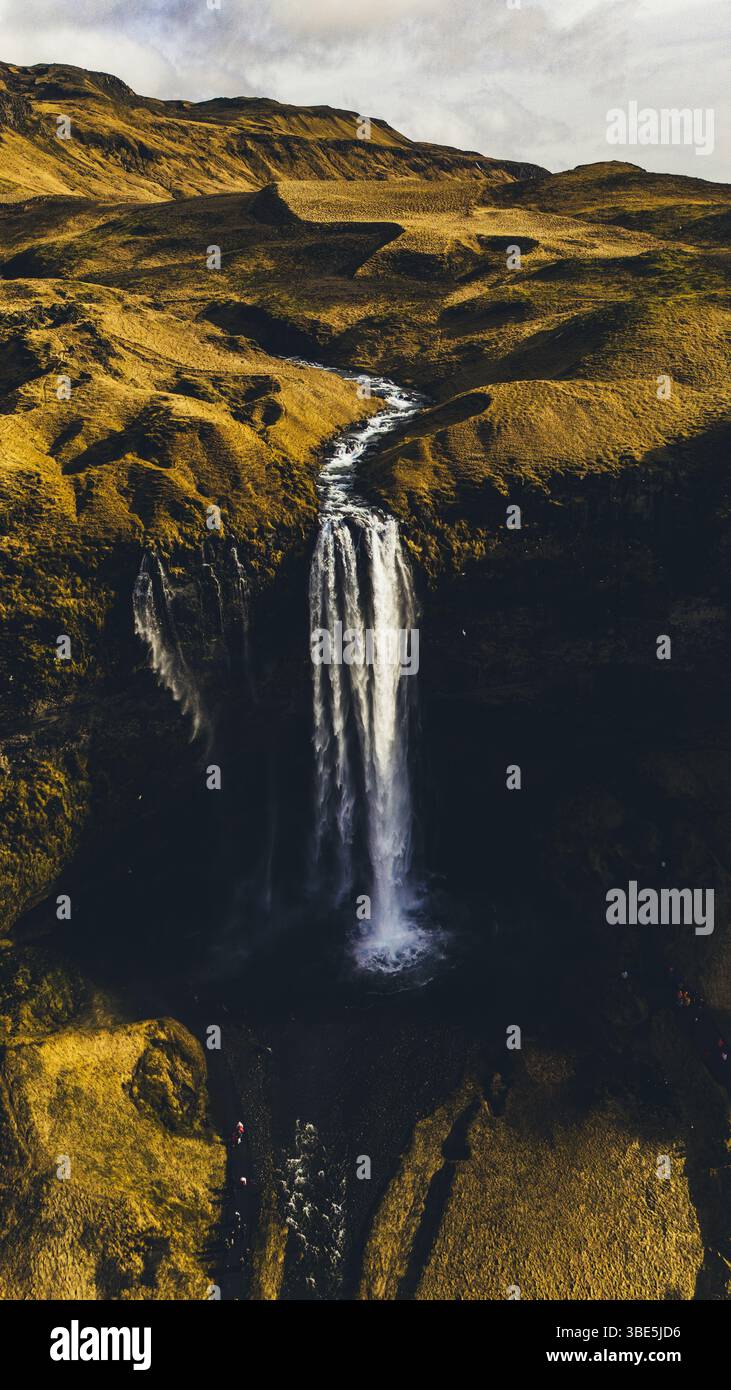 A stunning aerial view of Seljalandsfoss waterfall in Iceland, with ...