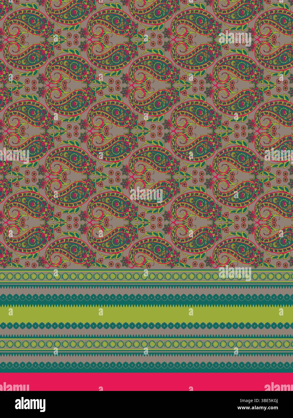 Intricate paisley and floral textile design with multicolored border ...