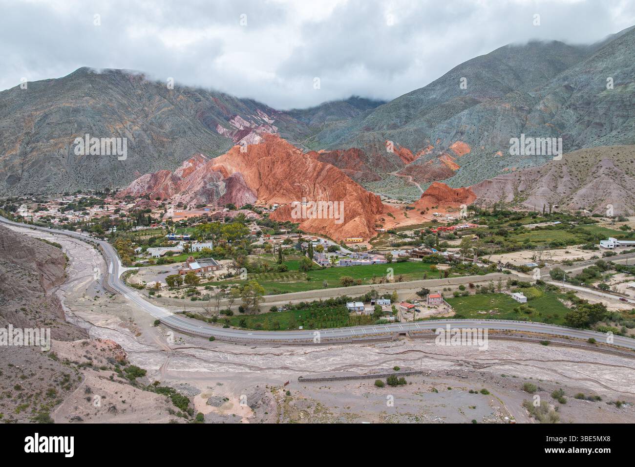 Aerial view of the picturesque town of Purmamarca nestled at the base ...
