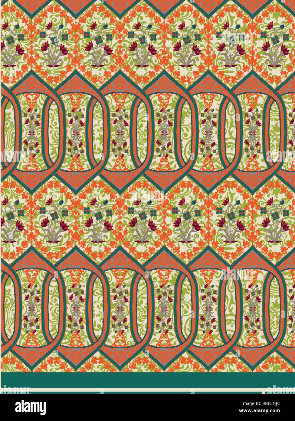 Intricate orange and green floral textile design with interlocking patterns Stock Vector Image ...