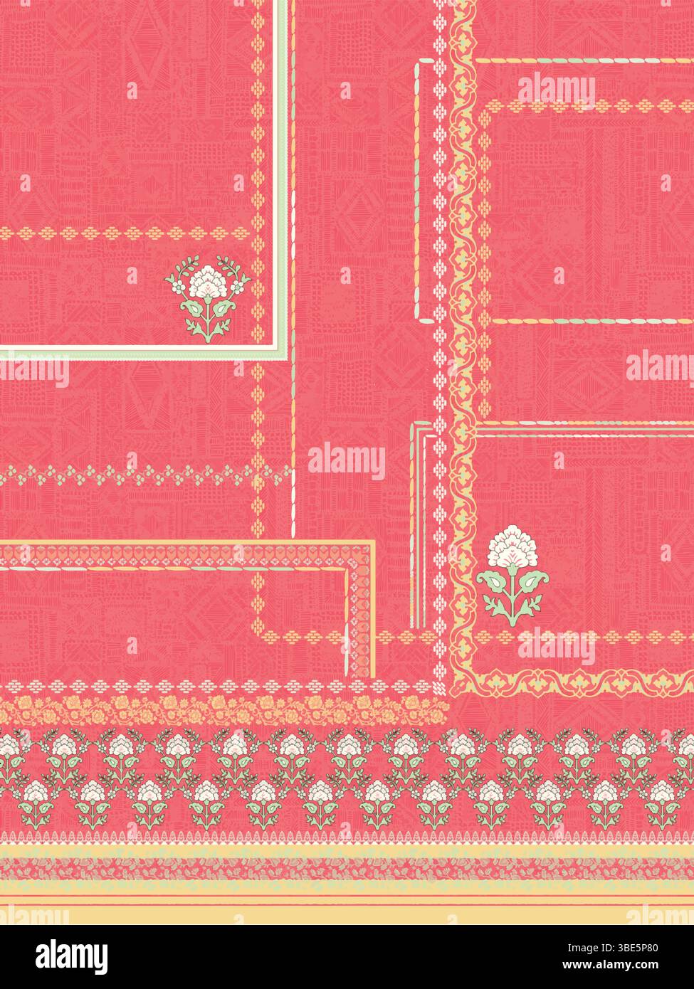 Pink and peach geometric textile design with floral motifs and ornate ...
