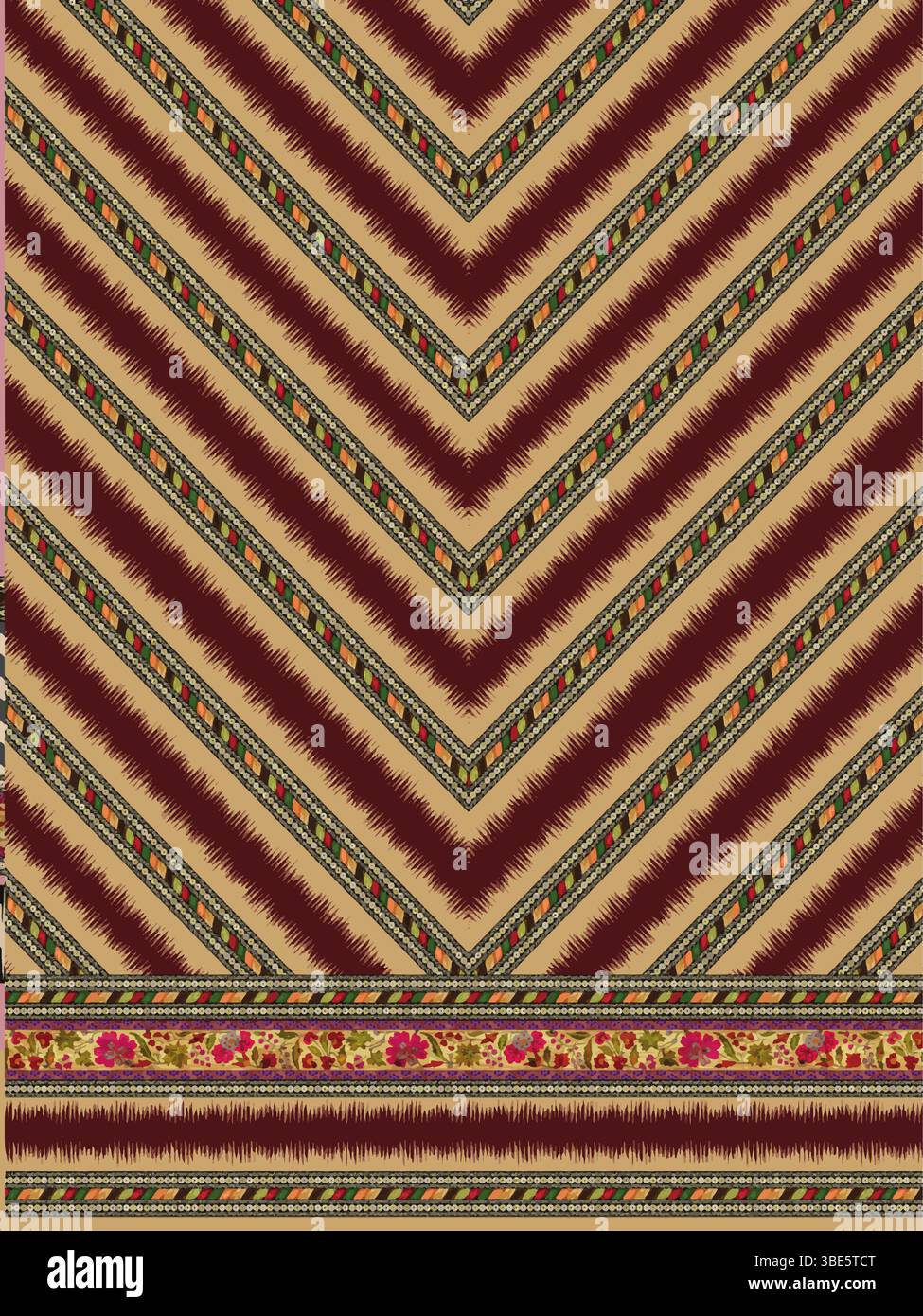 Elegant maroon and beige chevron textile design with intricate border ...