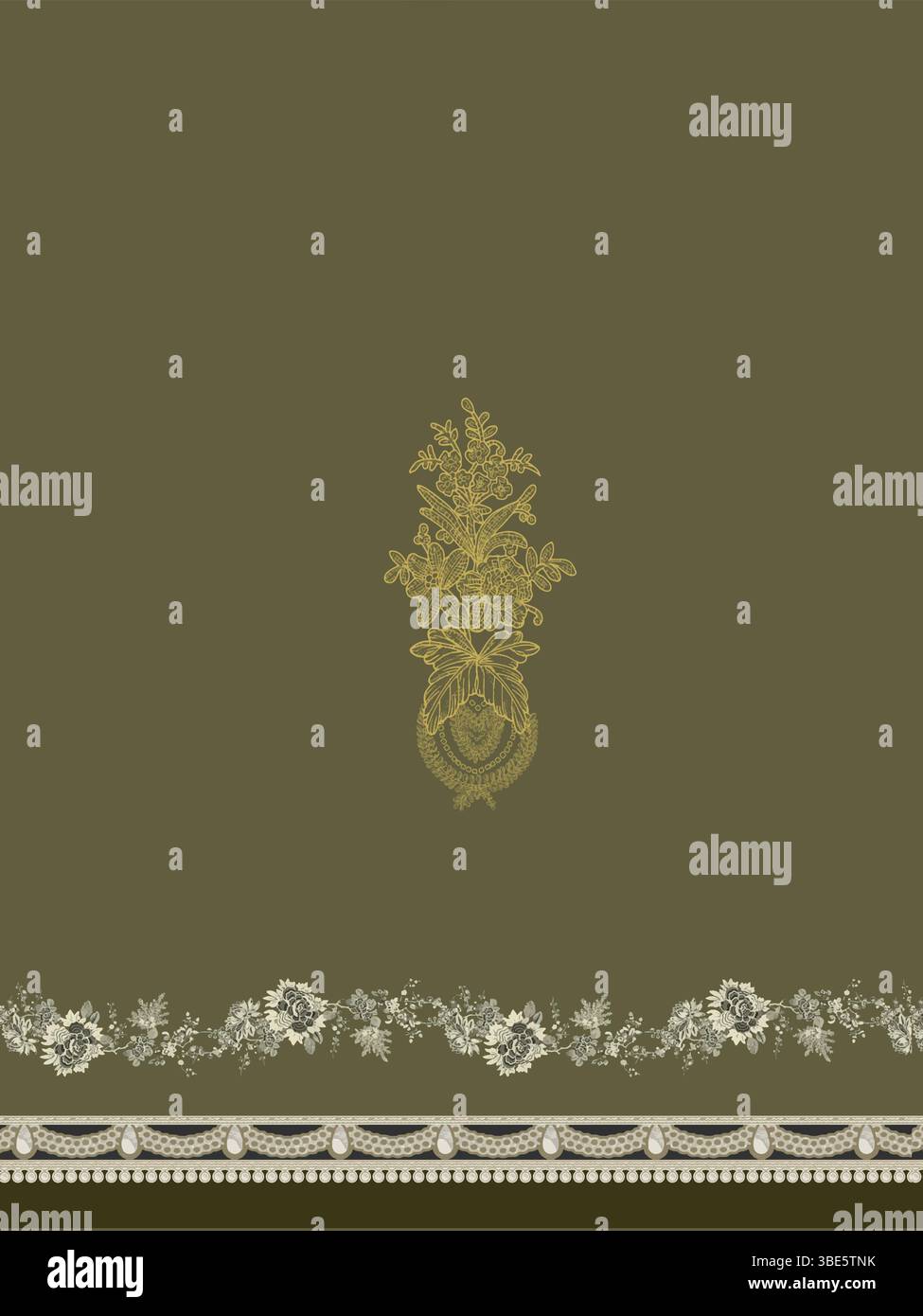 Olive green and gold floral textile design with ornate border Stock ...