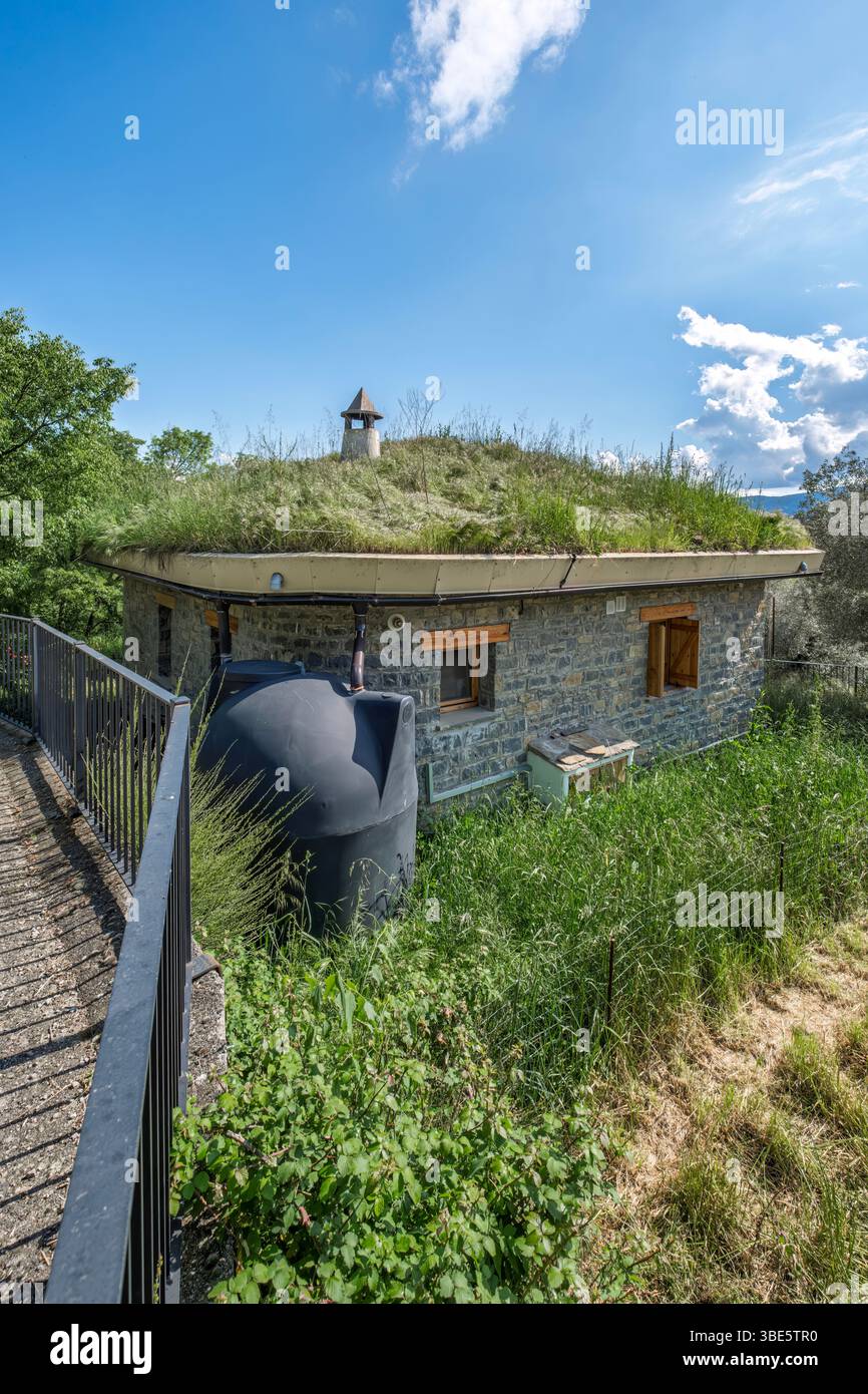 A modern stone house featuring an innovative green roof with lush ...