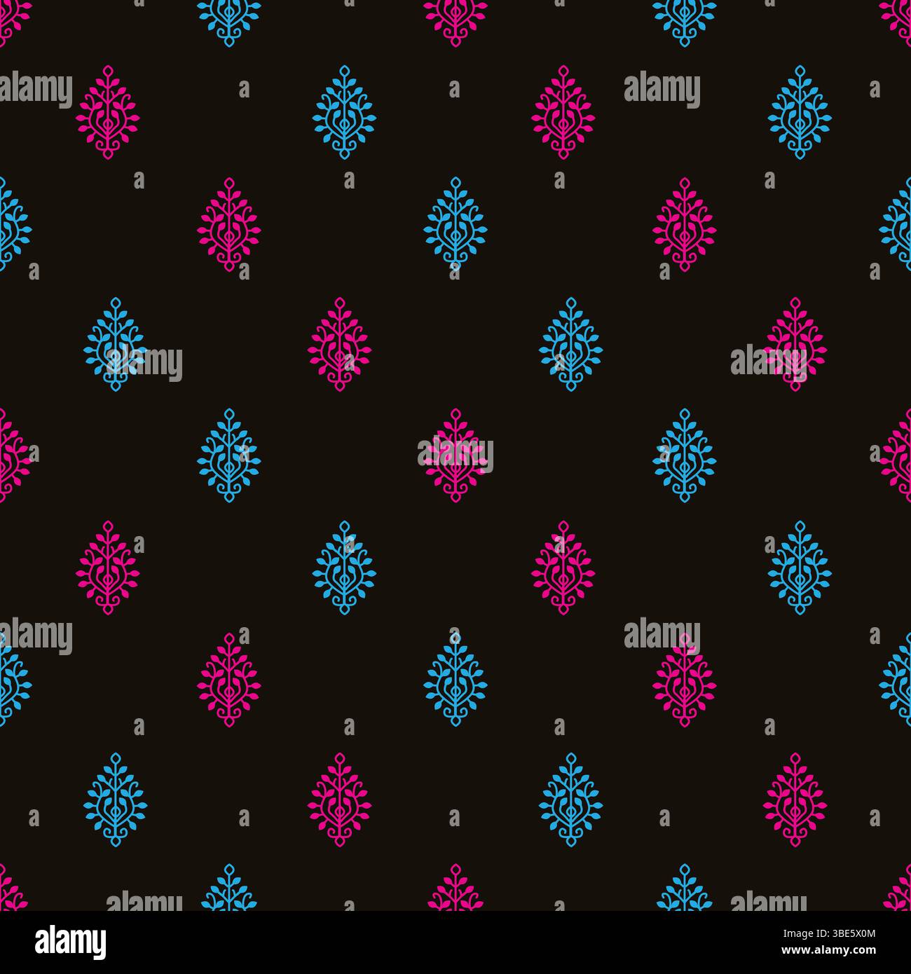 Repeating teal and pink diamond shaped floral pattern on black ...