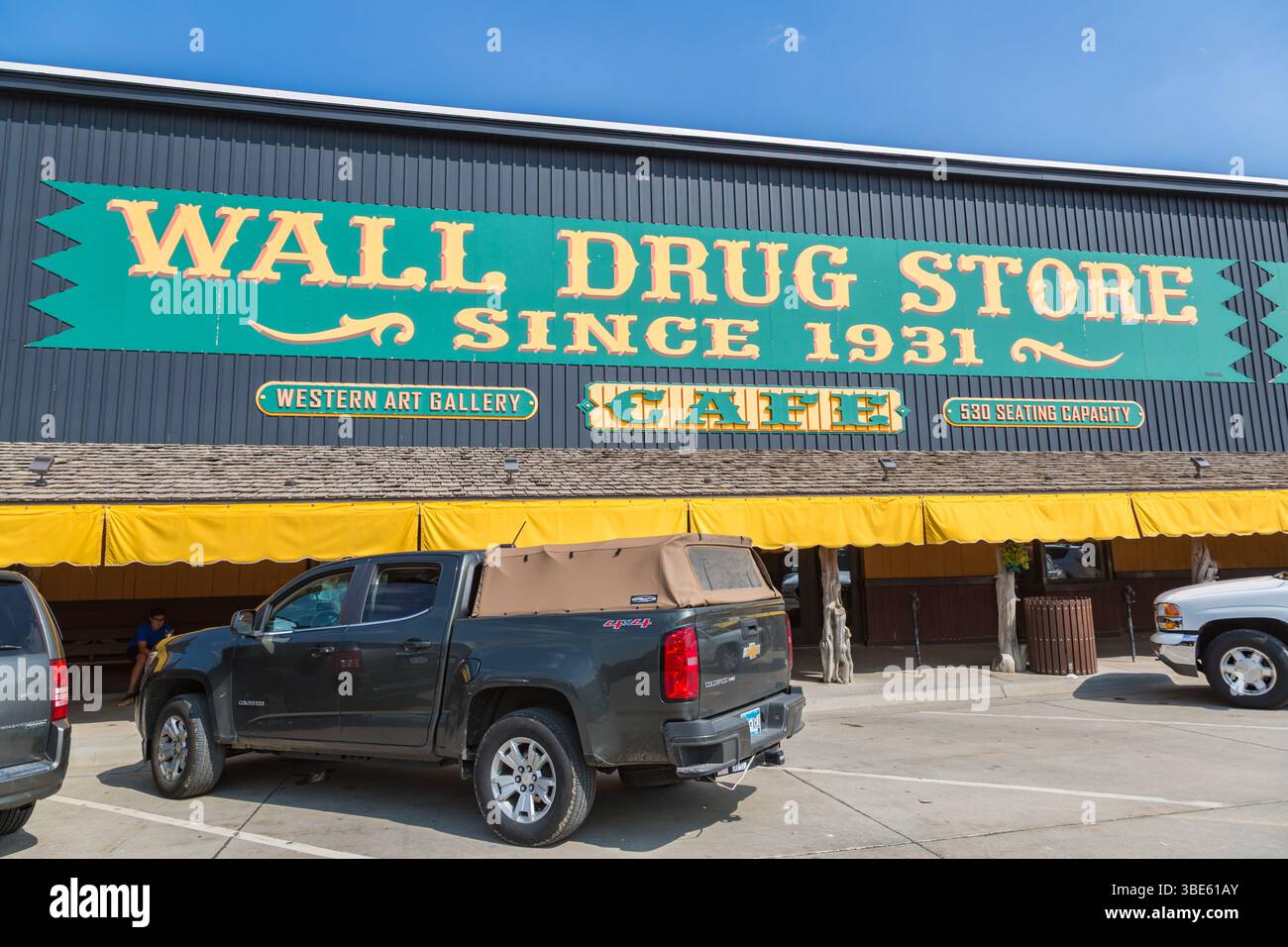 Storefront sign for historic Wall Drug Store in Wall, South Dakota, USA ...