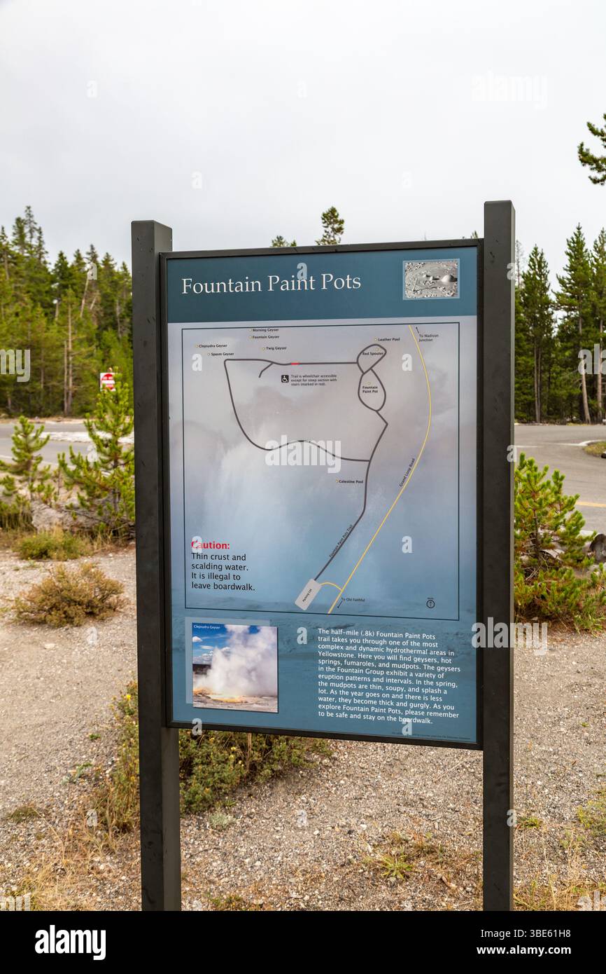 Sign explains the geology and shows a map of the Fountain Paint Pot ...