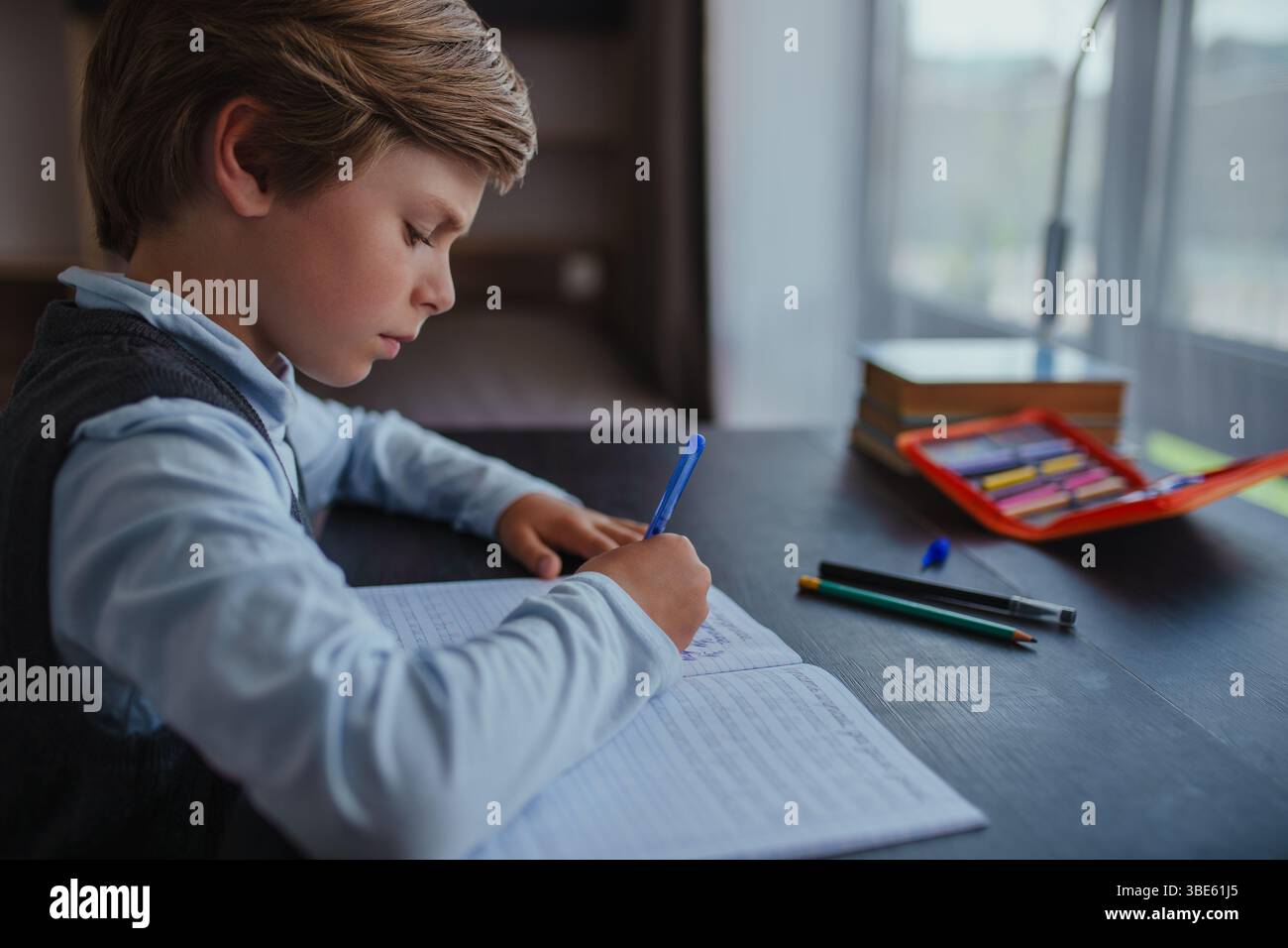 Boy pupil doing his homework at home Stock Photo - Alamy
