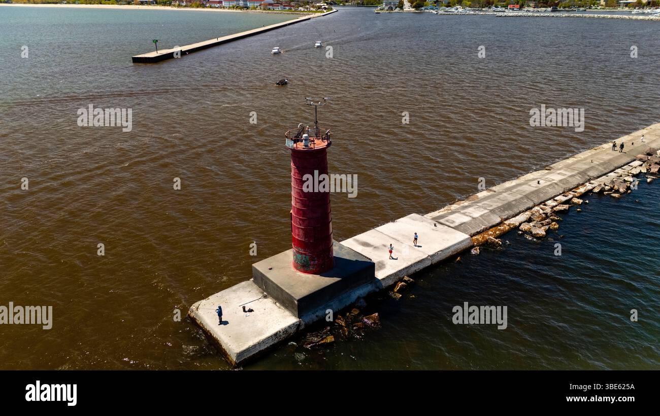 Aerial photograph of the lighthouse that protects Sheboygan Harbor ...