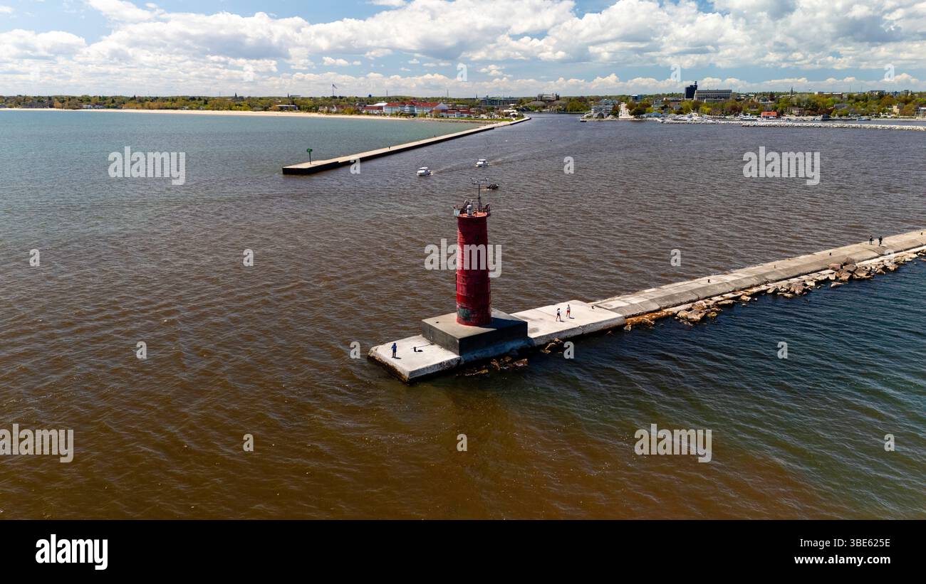 Aerial photograph of the lighthouse that protects Sheboygan Harbor ...
