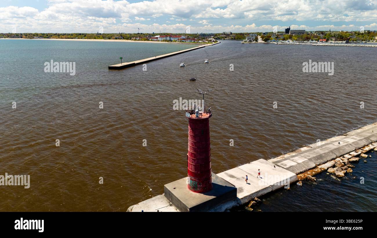 Aerial photograph of the lighthouse that protects Sheboygan Harbor ...