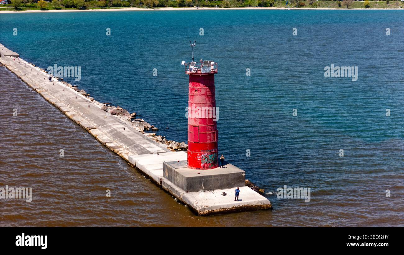 Aerial photograph of the lighthouse that protects Sheboygan Harbor ...