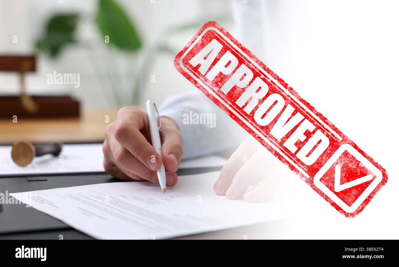 Man signing document at table in office and red stamp Approved, banner ...