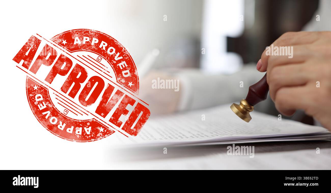 Woman stamping document at table and red stamp Approved, banner design ...