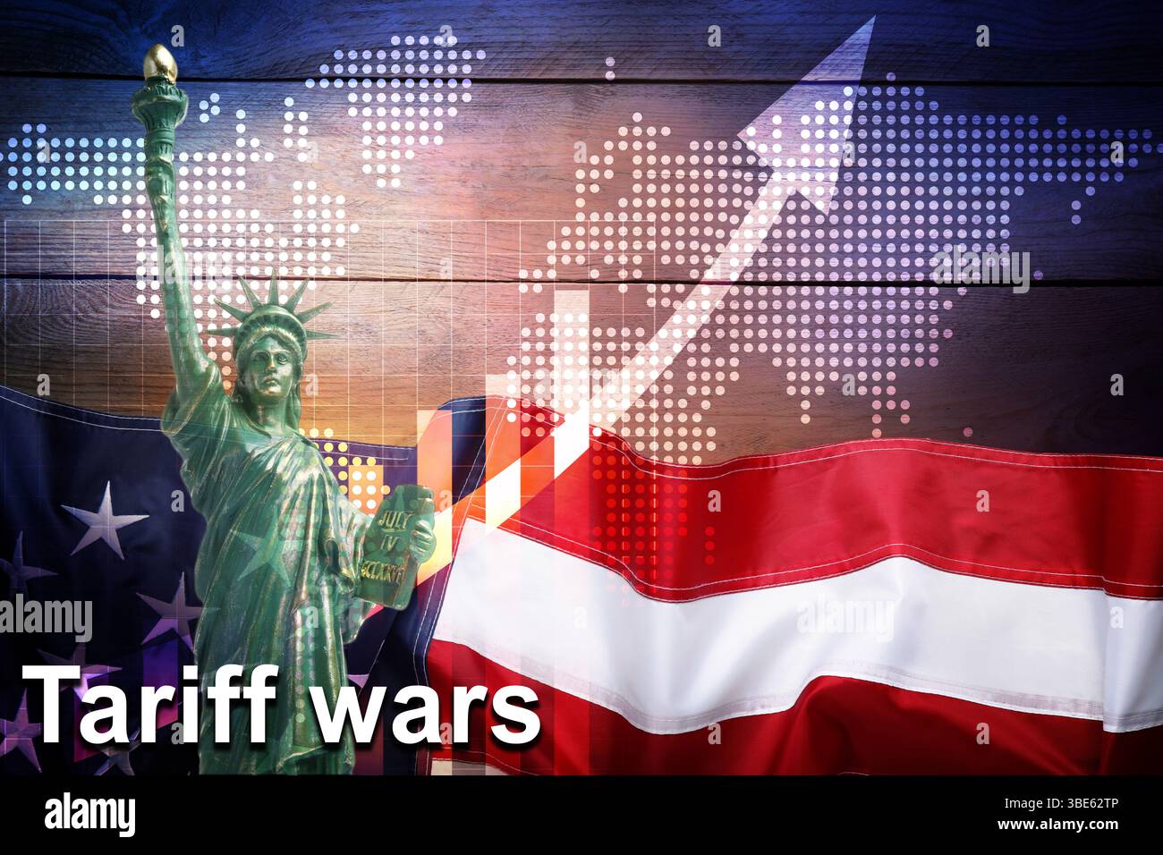 Tariff wars. Statue of Liberty, national flag of America, world map ...