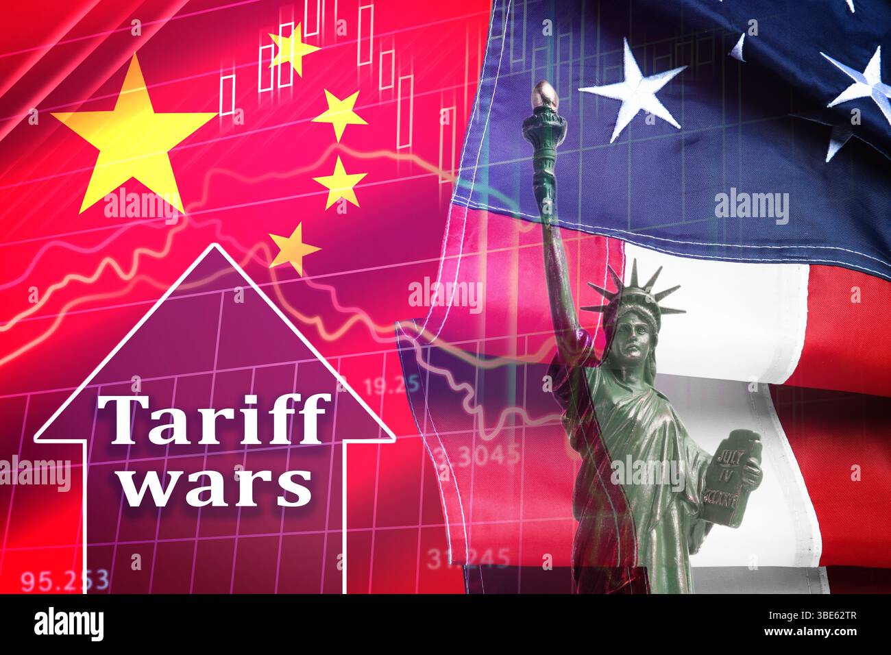Tariff wars. Statue of Liberty, national flags of America and China ...