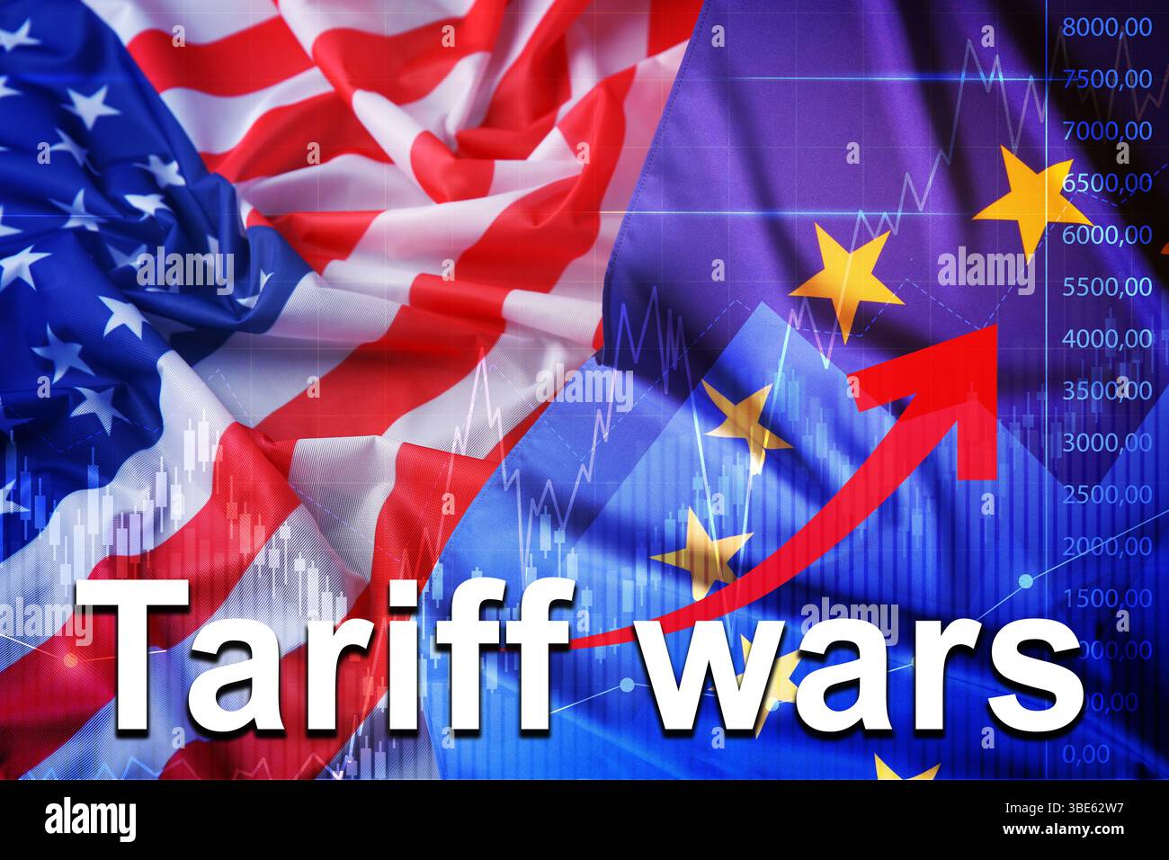 Tariff wars. Flags of America and European Union, graph, red arrow ...