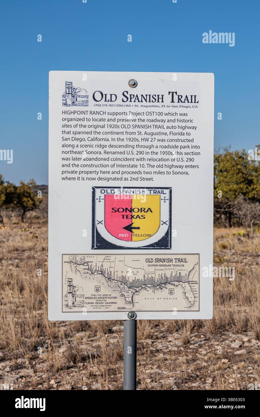 Sign indicating the location of the historical Old Spanish Trail auto ...