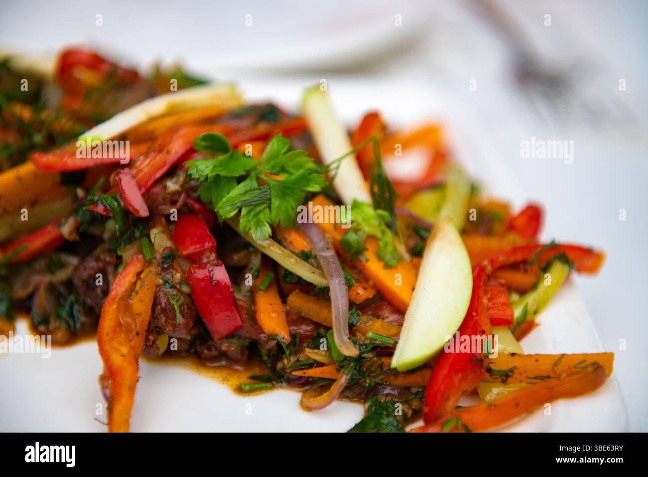 In the restaurant, the dish of different vegetables is beautiful Stock ...