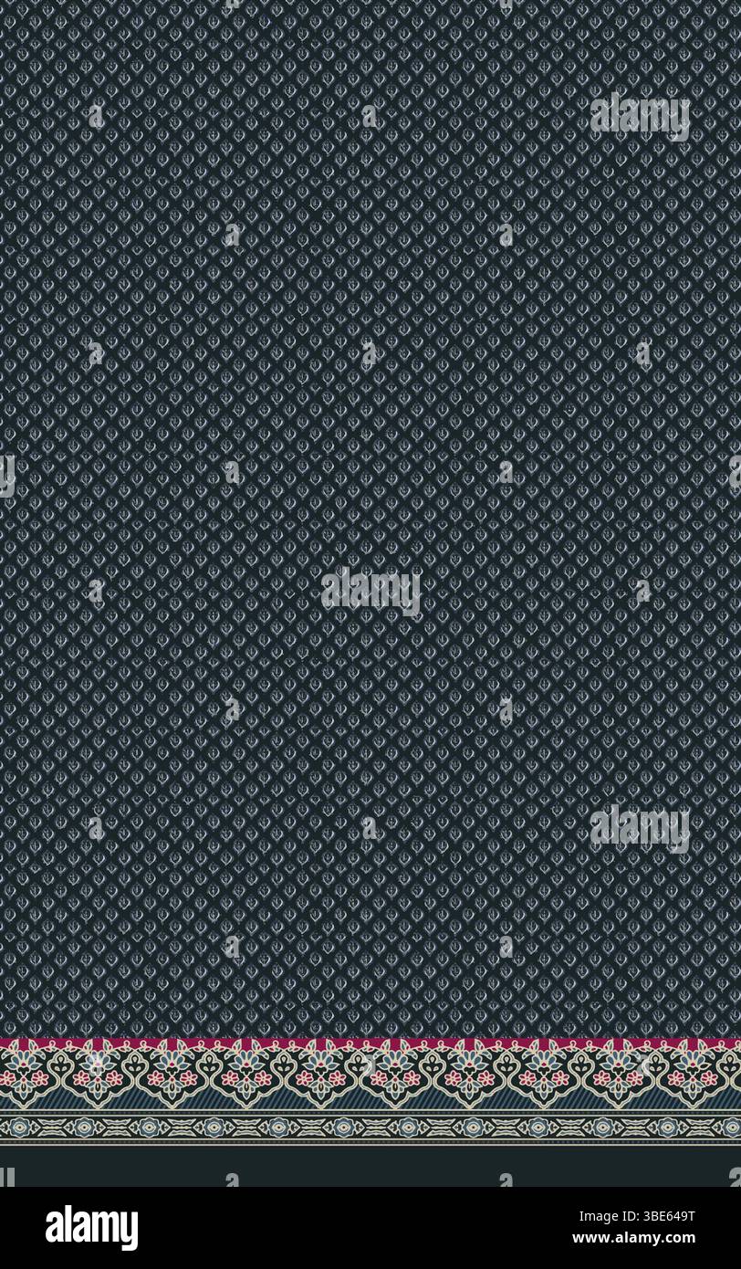 Dark teal fabric with intricate small scale repeating pattern and ...