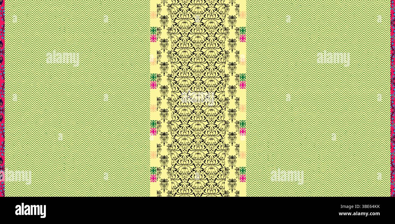Pale green fabric with vertical black and yellow geometric border ...