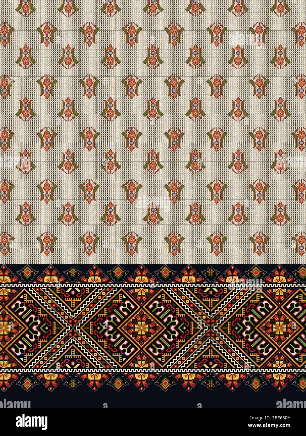 Elegant beige and black textile design with intricate floral and ...