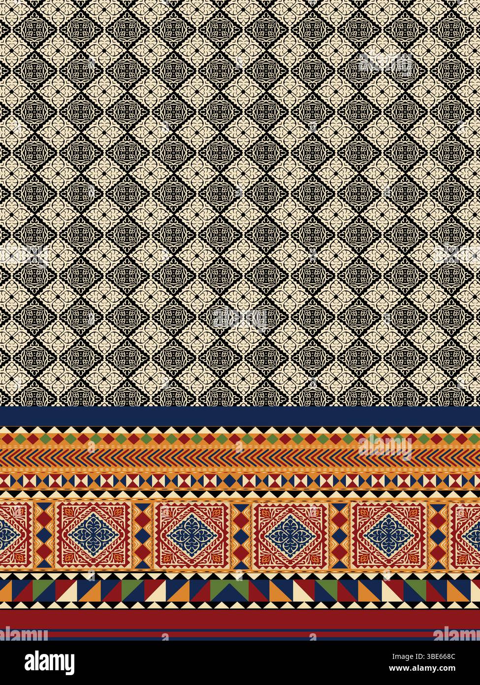 Elegant textile design featuring geometric patterns and vibrant ethnic ...