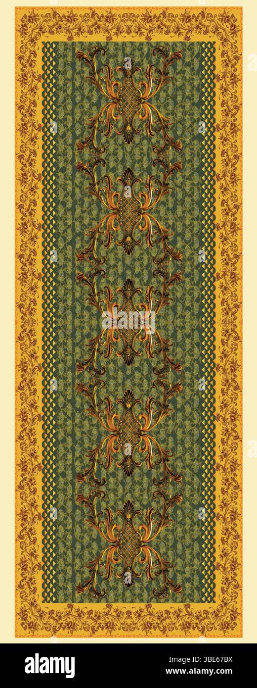 Elegant green and gold damask table runner design with intricate floral ...