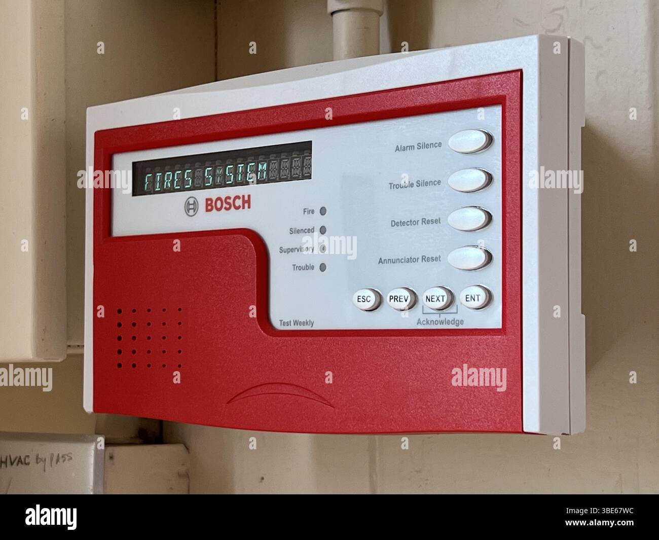 Close-up of a Bosch fire alarm annunciator panel mounted on a wall ...