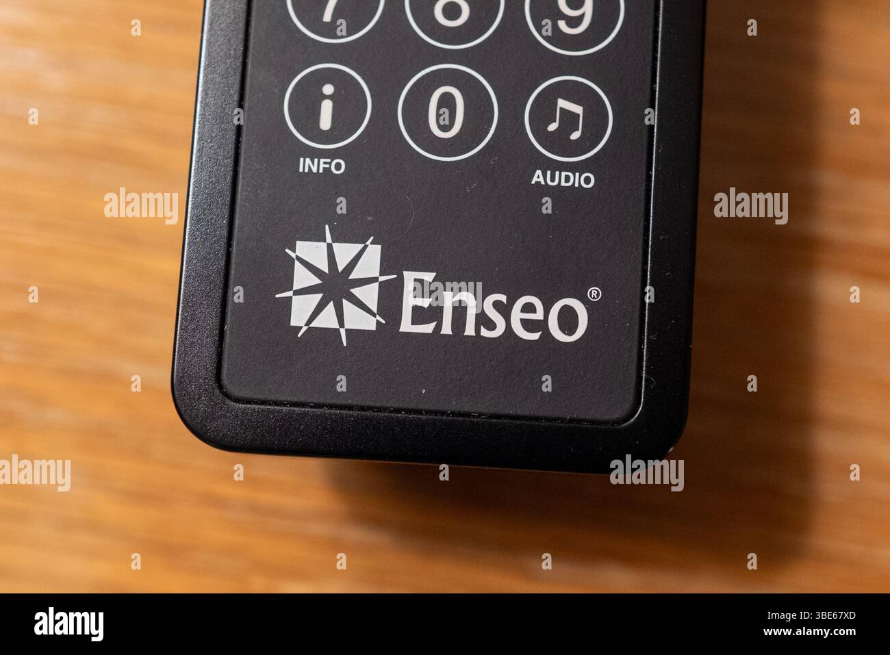 USA. 04th Aug, 2024. Close-up of logo for hospitality technology company Enseo on a hotel remote ...
