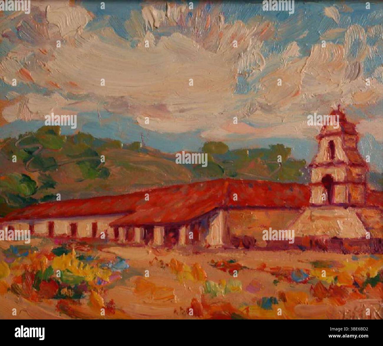 John Henry Ramm - miniature oil on board painting of California Mission ...