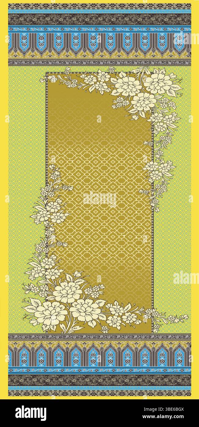 Elegant mustard yellow and green floral textile design with geometric ...