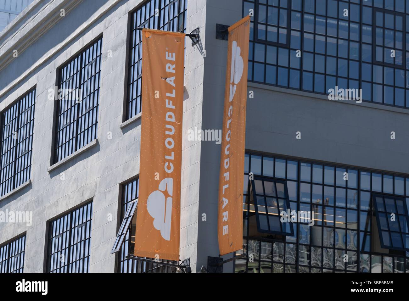 Exterior of Cloudflare office building with banners visible, San ...